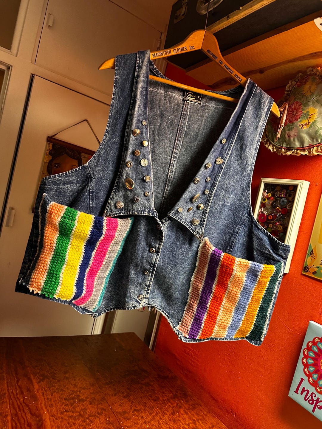 Upcycled Denim Vest 4X: Vintage Afghan Patchwork, Silver Buttons ...
