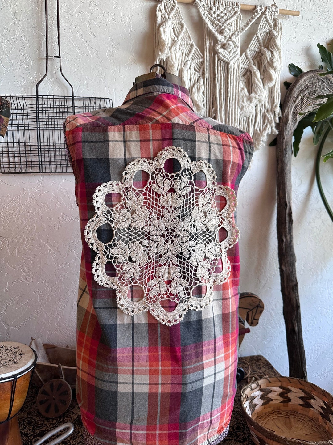 Upcycled Men’s Red Plaid Vest/shirt! Added a Vintage Crocheted Doily ...