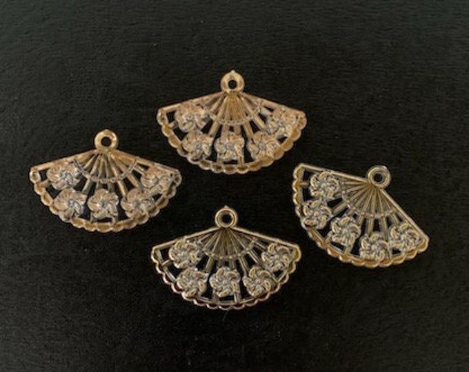 4 Clear W/gold Floral Fan Pendants, Gold Fans, Fan Charms, Hand Fans ...