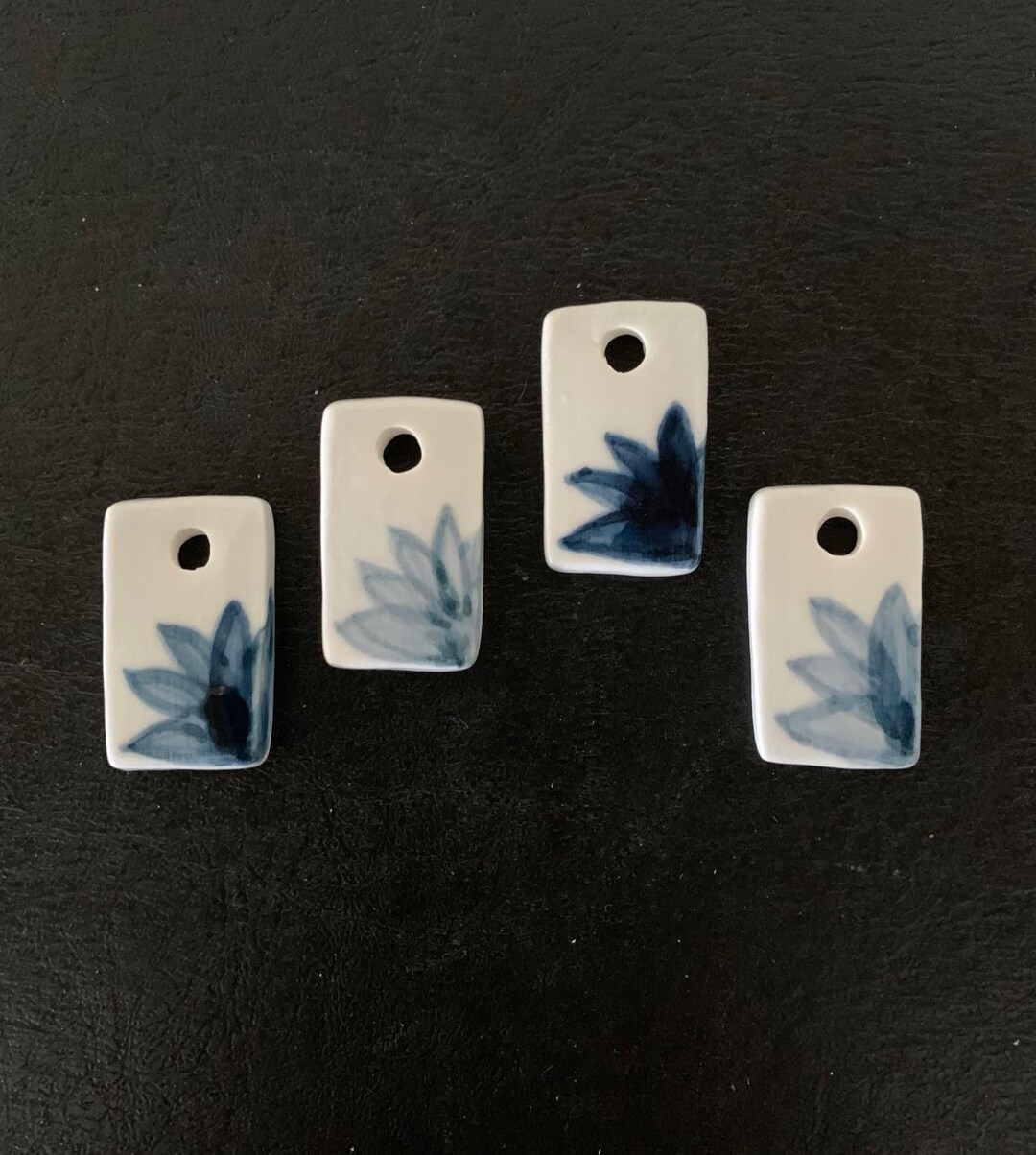 4 White and Blue Ceramic Flower Charms, Blue Flower Charm, Flower Blue ...