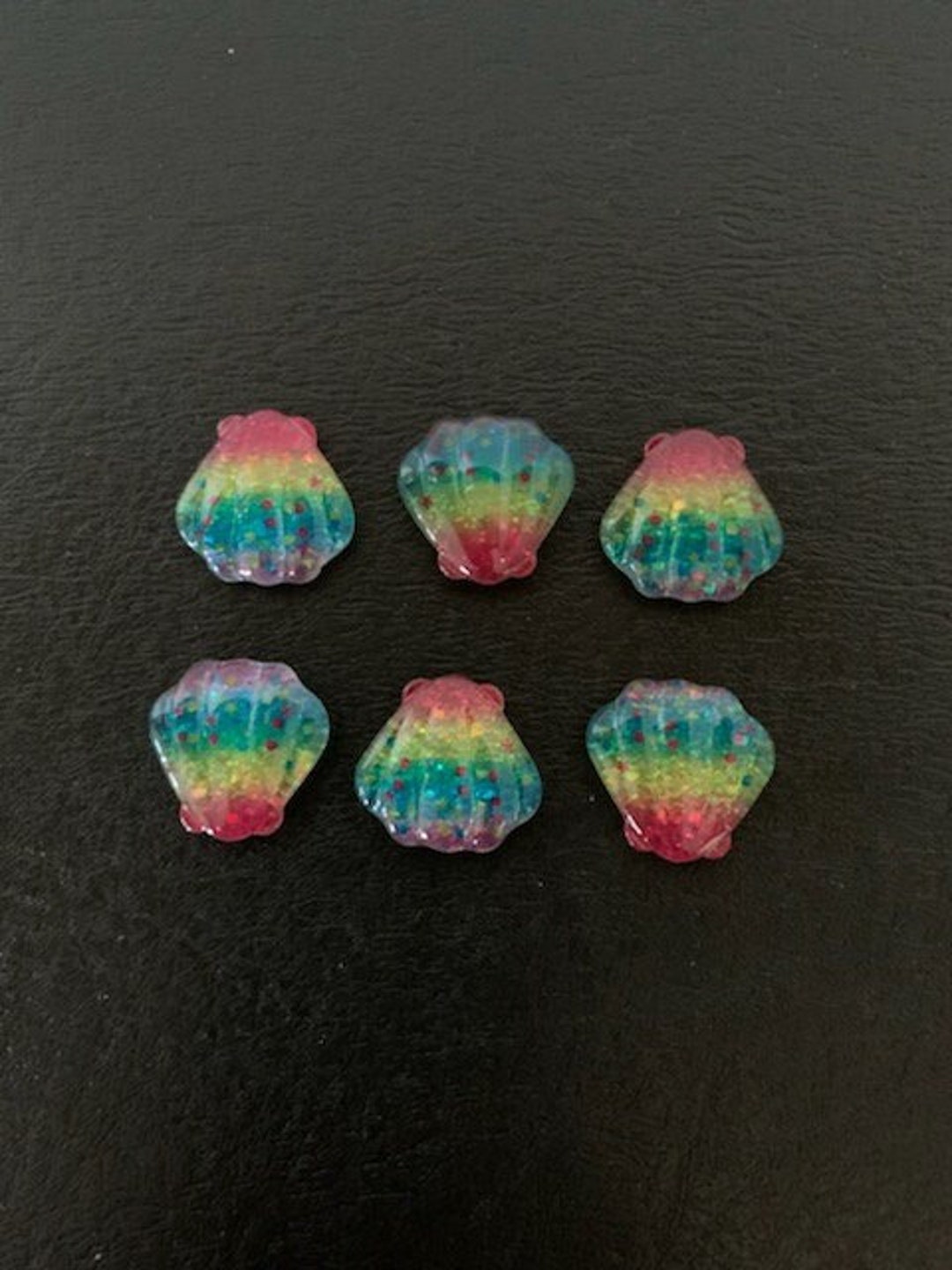 6 Rainbow Shell Flats, Shell Cabochons, Rainbow Glitter, Scallop Shells ...