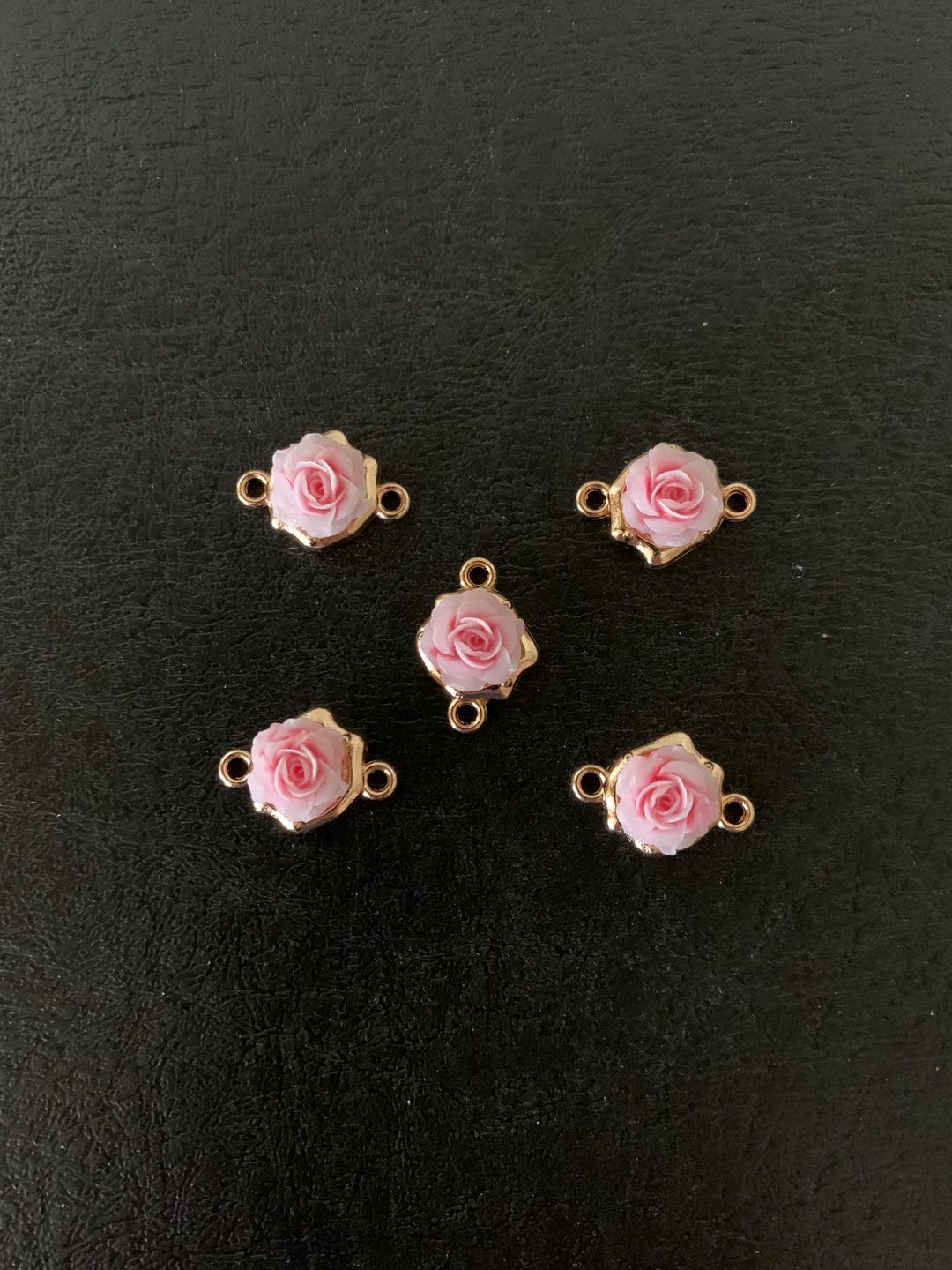 5 Gold and Pink Rose Connector Charms, Rose Charms, Pink Roses, Flower ...