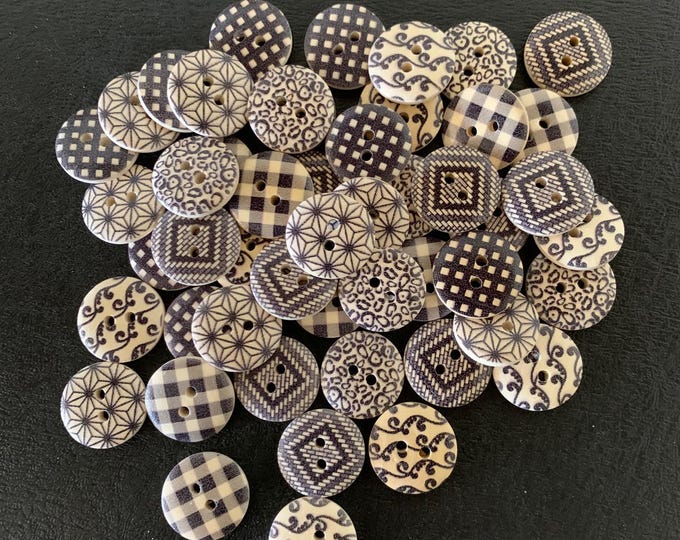 50 Random Mix Black Printed Buttons, Black Buttons, 18mm Buttons ...