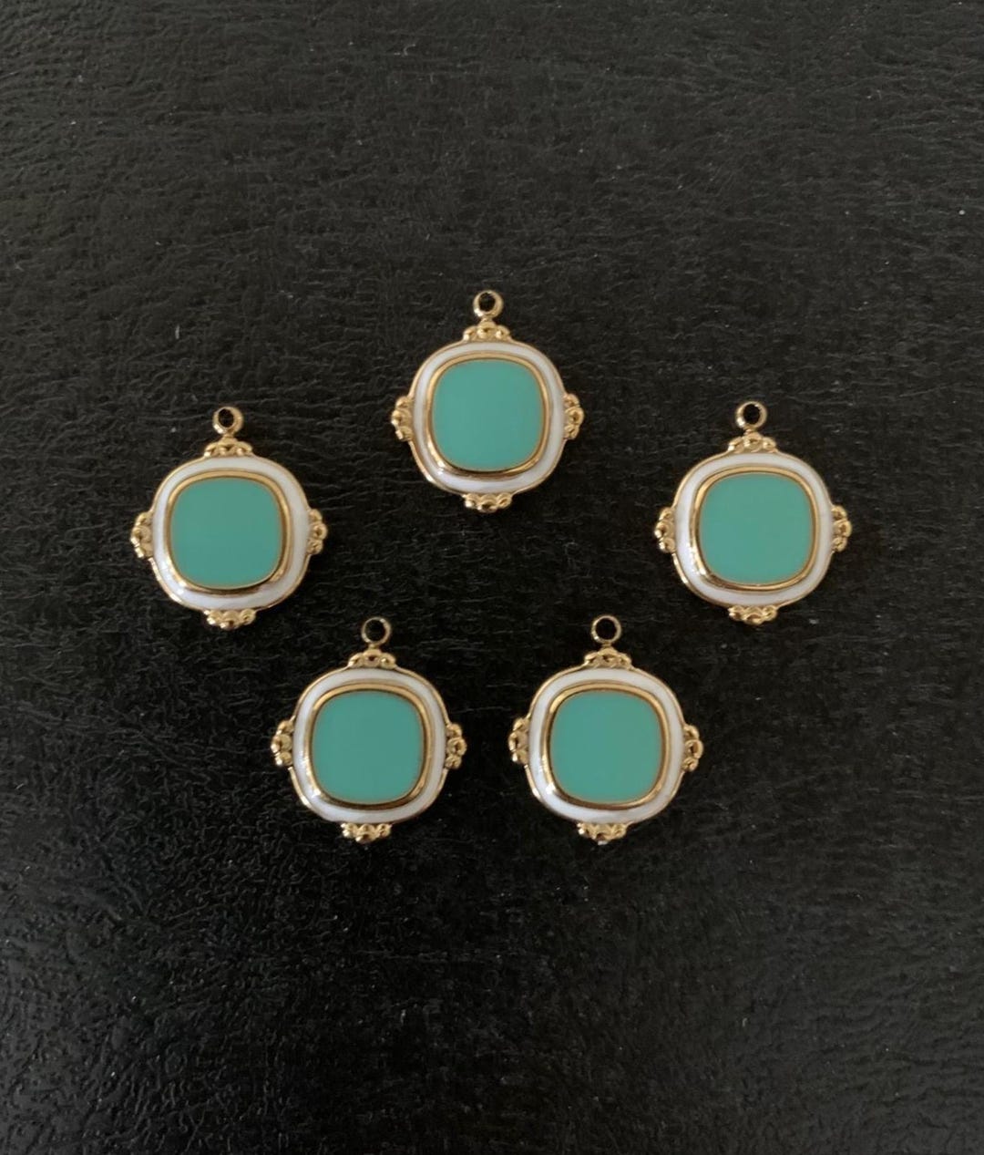 5 Gold Turquoise and White Rounded Square Charms, Turquoise Charms ...