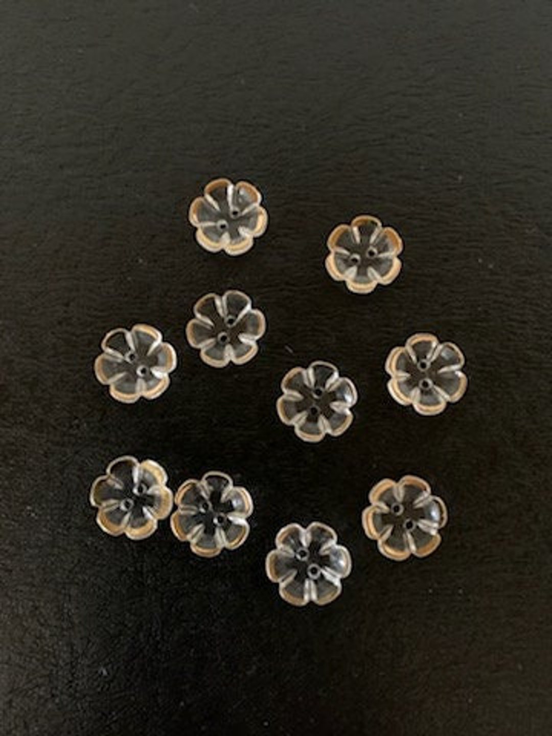 10 Clear and Gold Buttons, Clear Buttons, Clear Flower Buttons, Gold ...