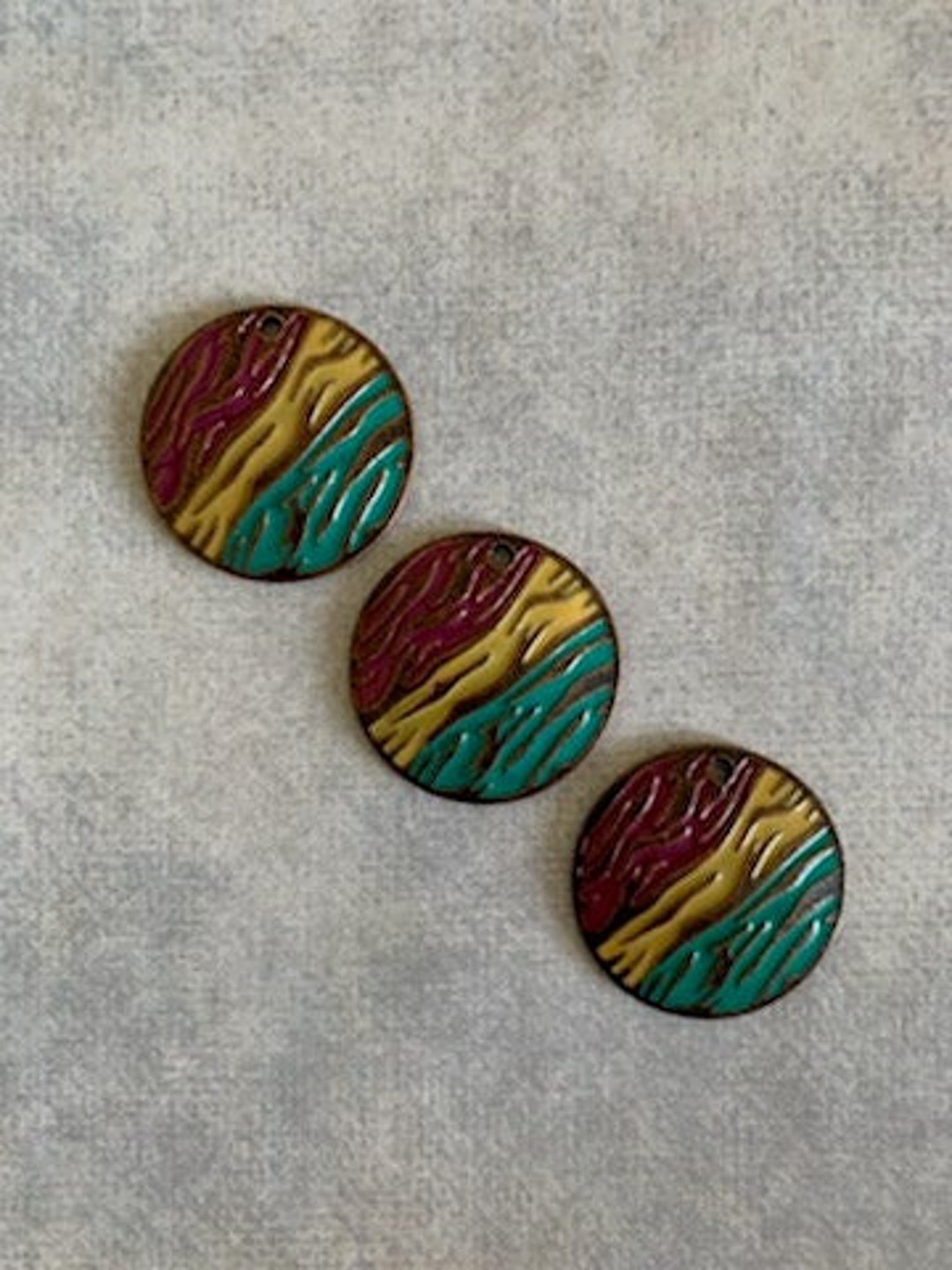 3 Copper and Colored Pendants, Round Copper Pendant, Round Bronze ...