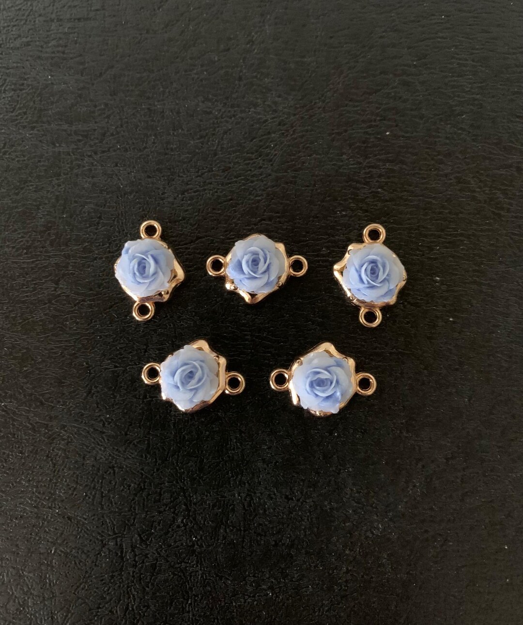 5 Gold and Blue Rose Connector Charms, Rose Charms, Blue Roses, Flower ...