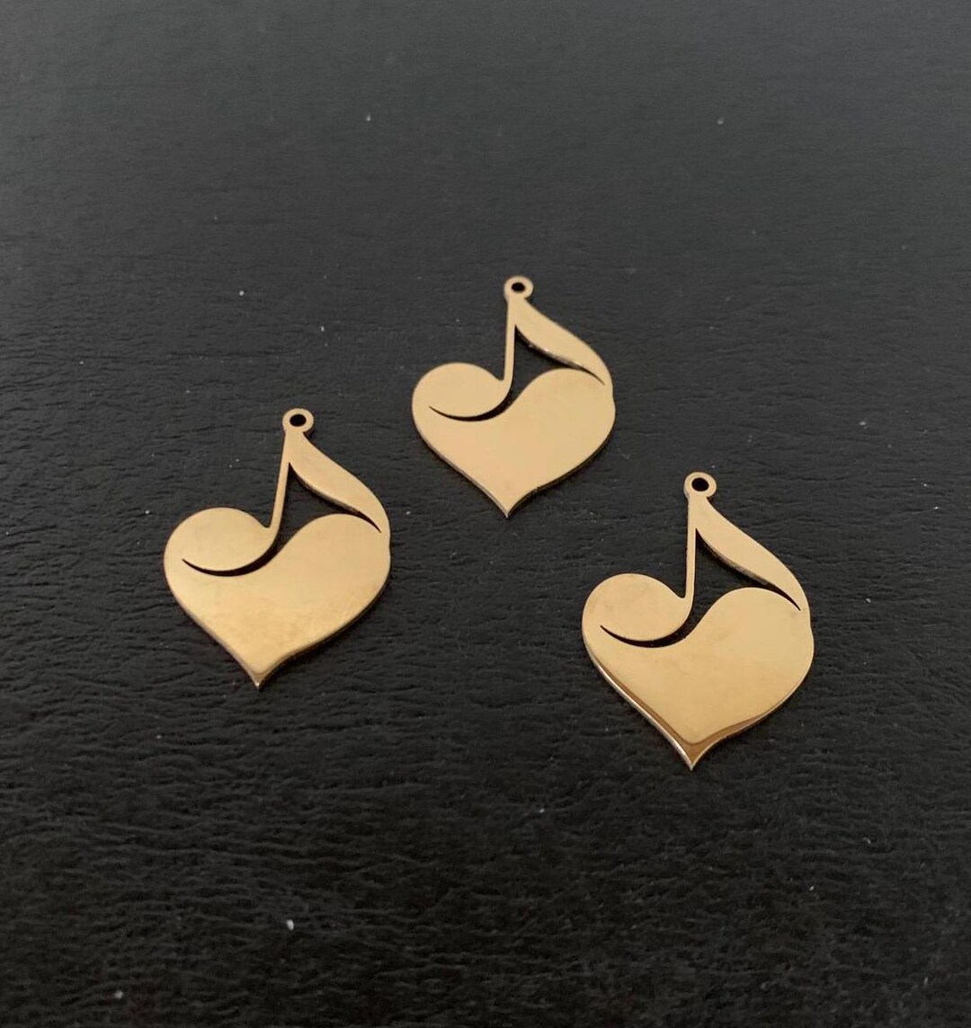 3 Gold Music Note Heart Pendants, Music Note Heart, Music Note Charm ...