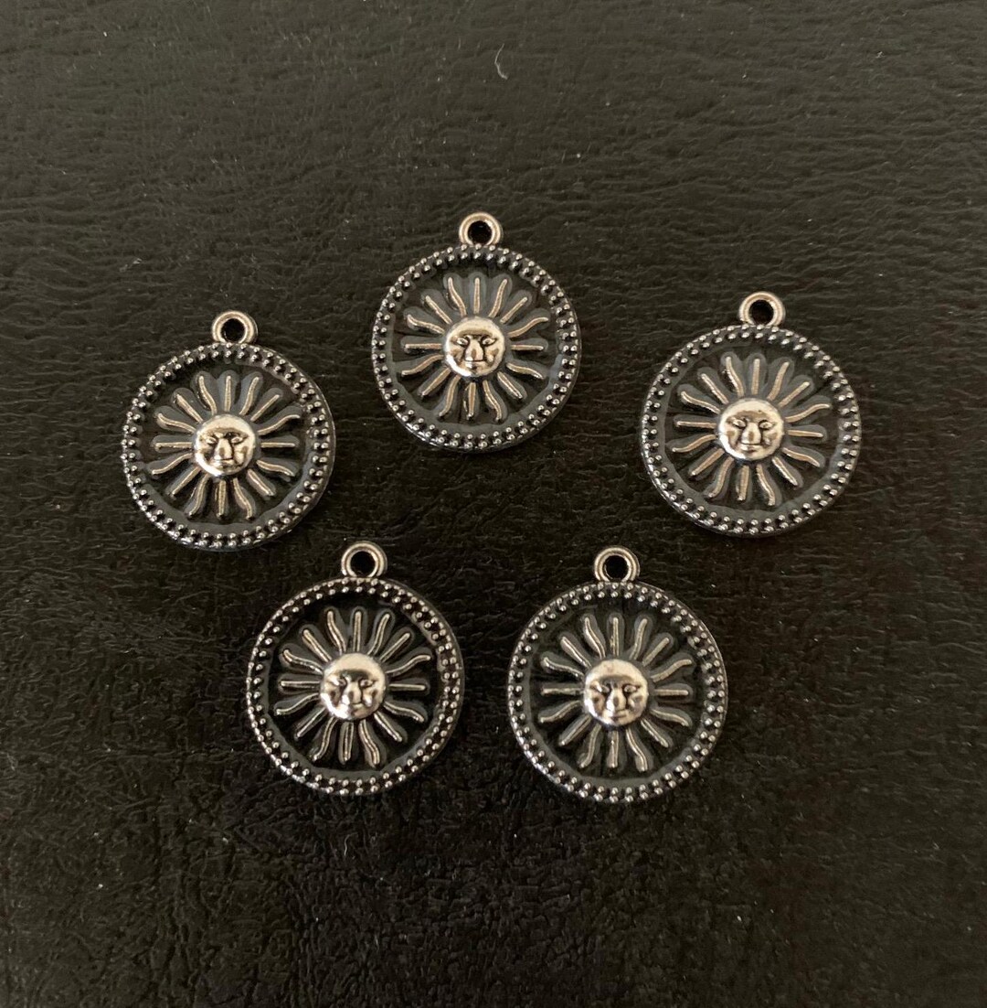 5 Silver and Black Sun Charms, Enamel Sun Charm, Sun Enamel Charms, Sun ...