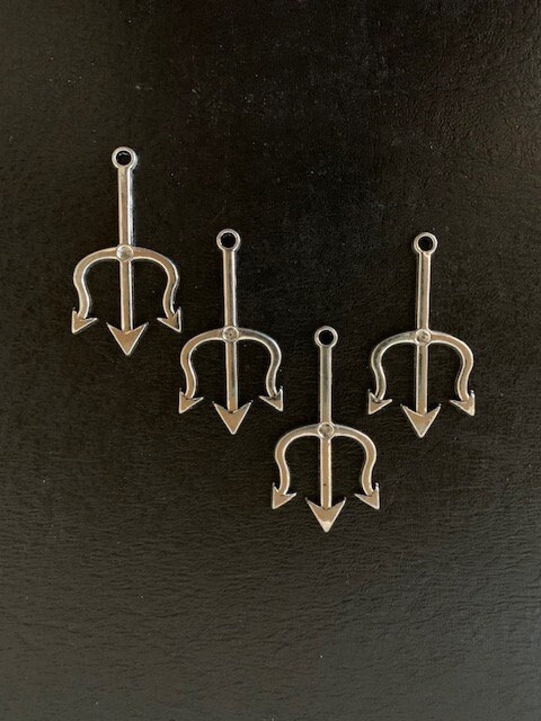 4 Silver & Black Bead Trident Pendants, Trident Pendant, Trident Charm ...