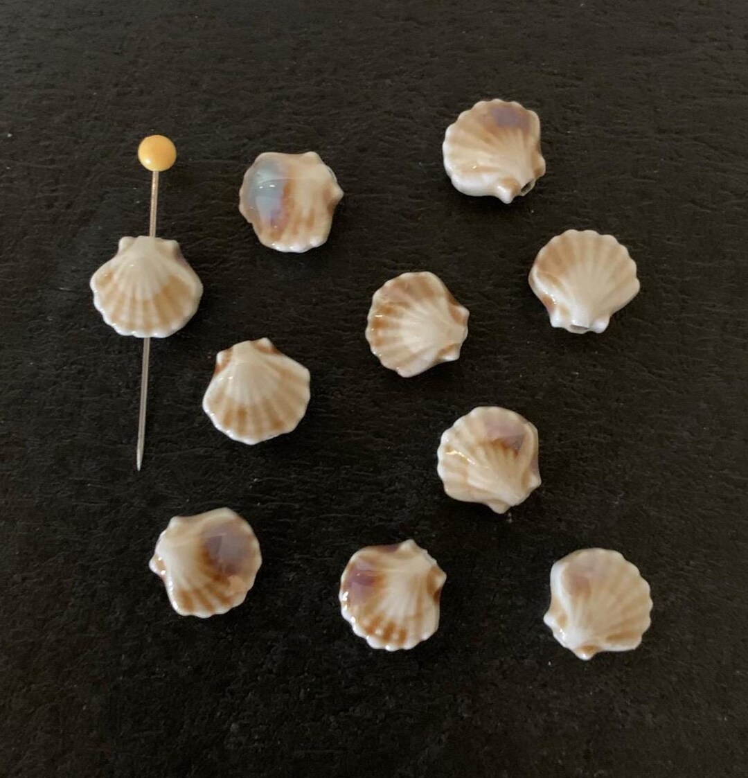 10 Ecru and Tan Ceramic Shell Beads, Shell Beads, Beads Shell, Ocean ...