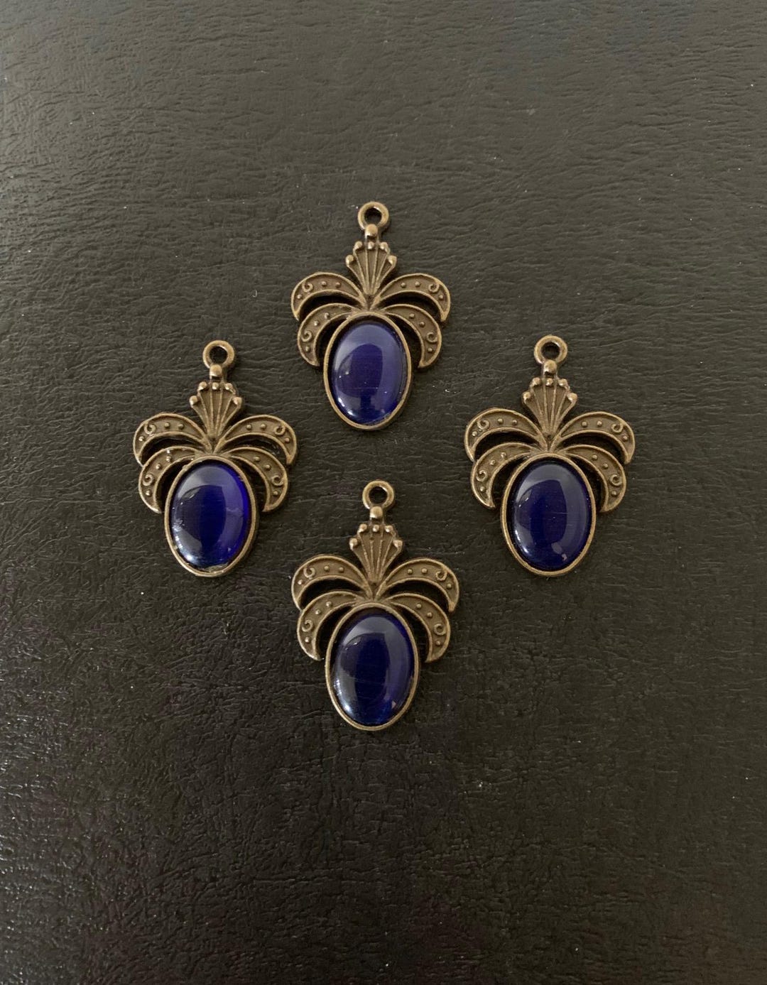 4 Bronze & Cobalt Pendants, Bronze Leaf Pendant, Cobalt Blue Pendant ...