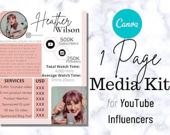Youtube Star Media Kit Template, Single Page, Editable in Canva, Rate ...