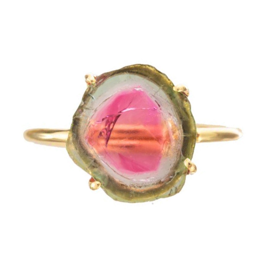 Natural Watermelon Tourmaline Slice Ring Solid 14K - Etsy