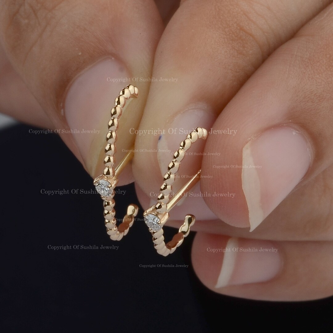 Solide 14K Gelbgold Perlen gebogene Bar Ohrstecker echte Diamant ...