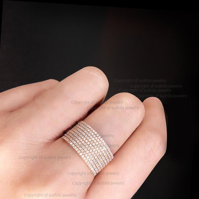 New Half 9 Rows Band Ring Solid 18K Yellow Gold Natural SI - Etsy