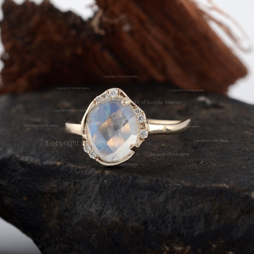 Solid 14K Yellow Gold Natural Rainbow Moonstone Real Diamond Unshaped ...