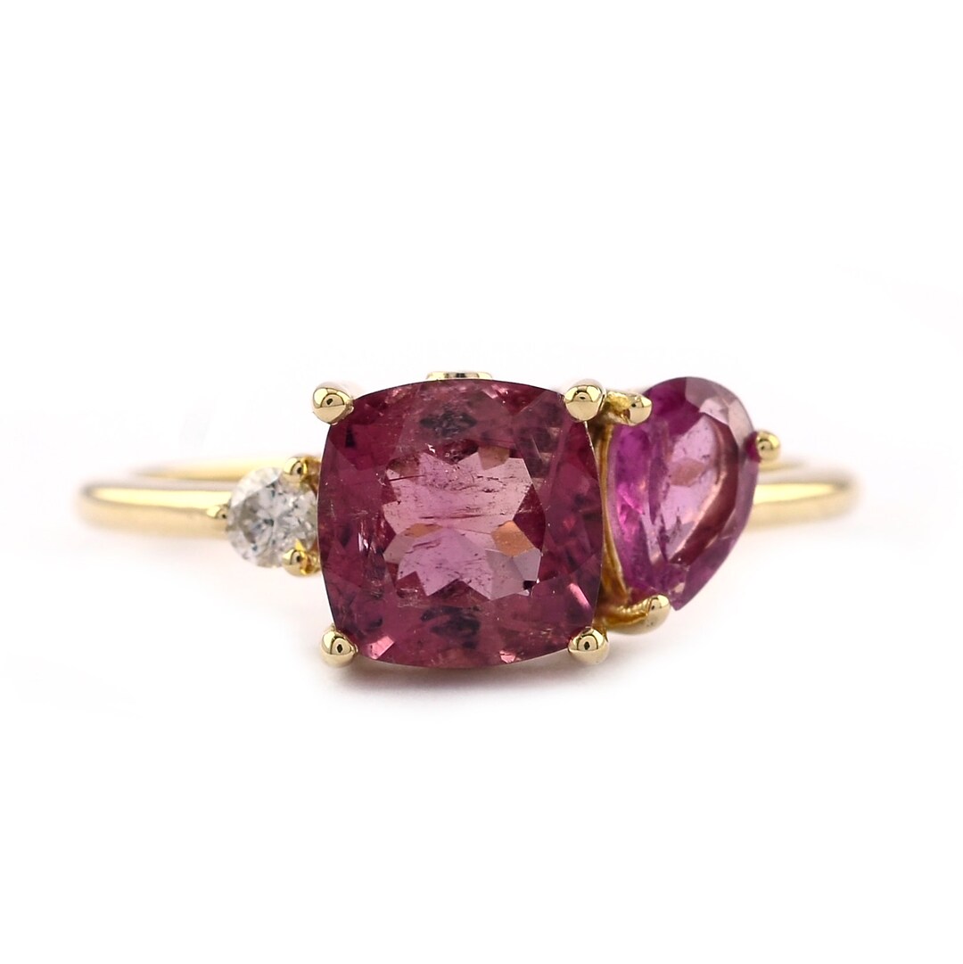 Buy Pink Tourmaline Ring, Three Stone Engagement Ring, Solid 14K Yellow ...