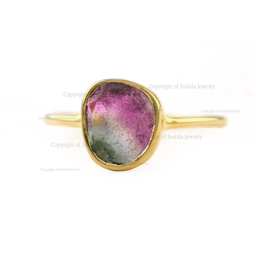 Solitaire Ring/ Genuine Watermelon Tourmaline Ring/ Bezel Set ...