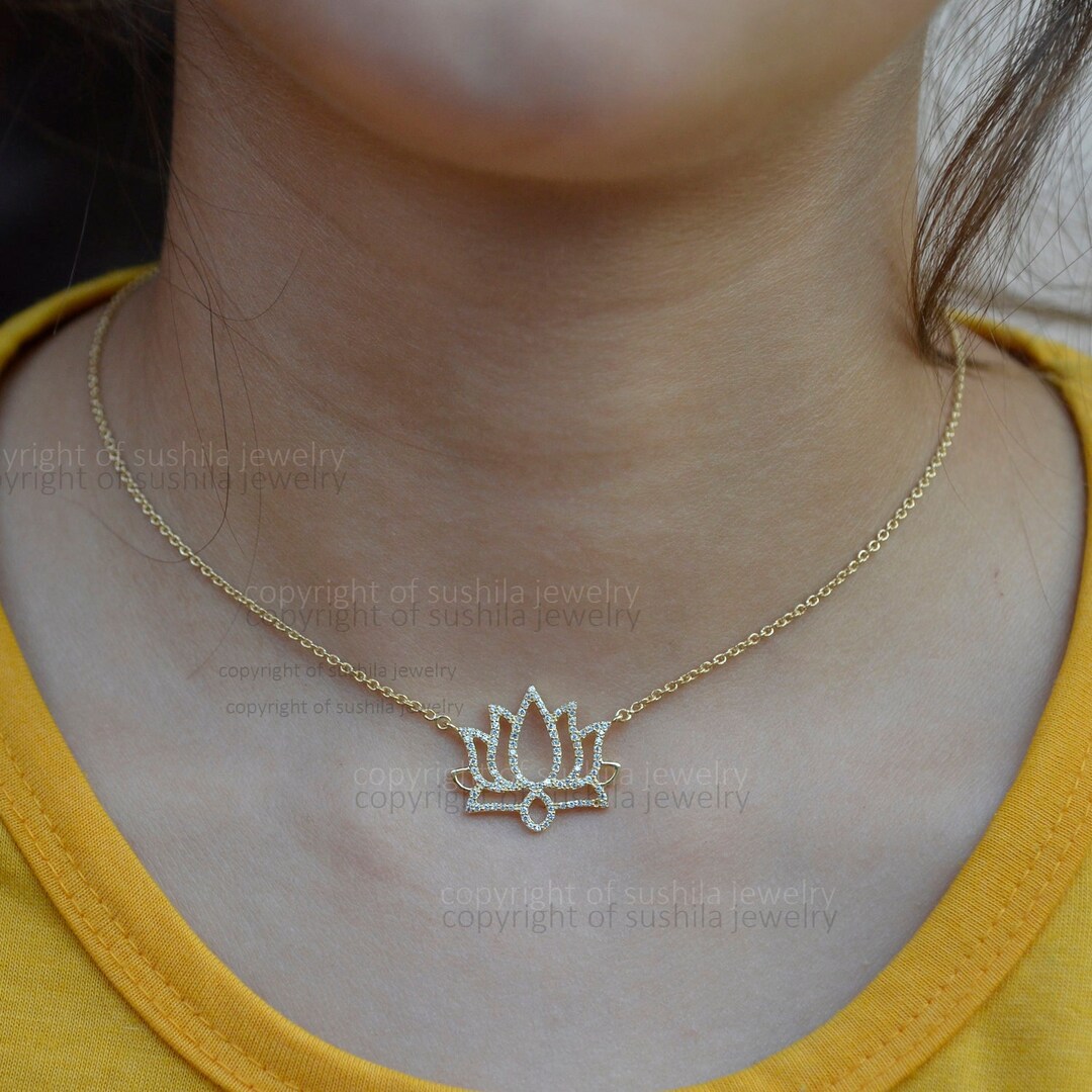 Diamond Lotus Choker Necklace, 14k Yellow Gold Pave Pendant - Etsy ...