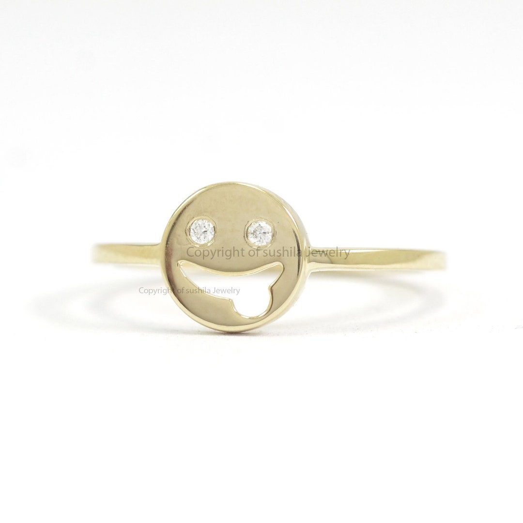 Diamond Happy Face Ring: 14K Solid Gold Minimalist Jewelry - Etsy