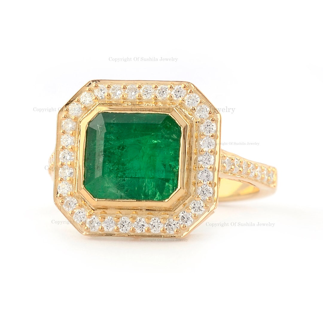 Genuine Square Emerald Ring/ 14K Solid Gold Statement Ring/ Emerald ...