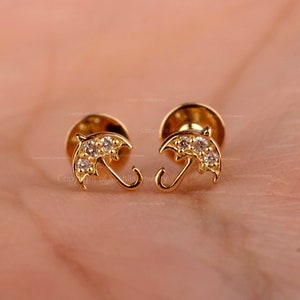 Small Umbrella Stud Earrings, 10K/ 14K/ 18K Solid Gold Studs, Tiny Umbrella Earrings, Minimalist ...