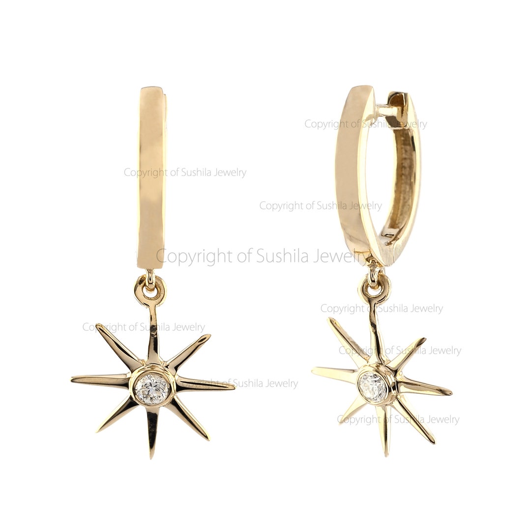 14K Solid Gold Star Hoop Earrings: Dainty Starburst Jewelry - Etsy