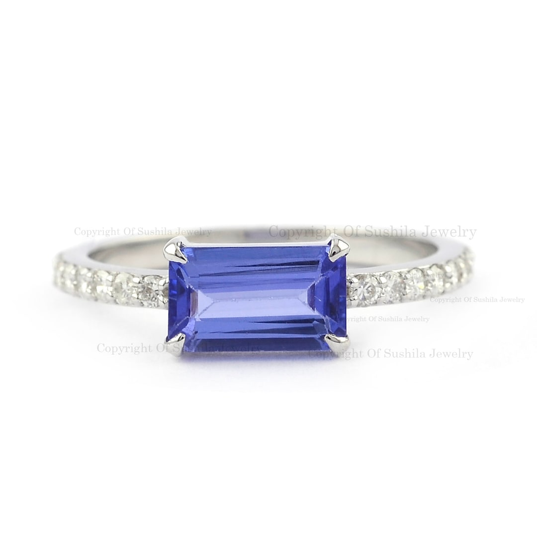 Emerald Cut Tanzanite Diamond Ring: 18K White Gold Engagement Jewelry ...