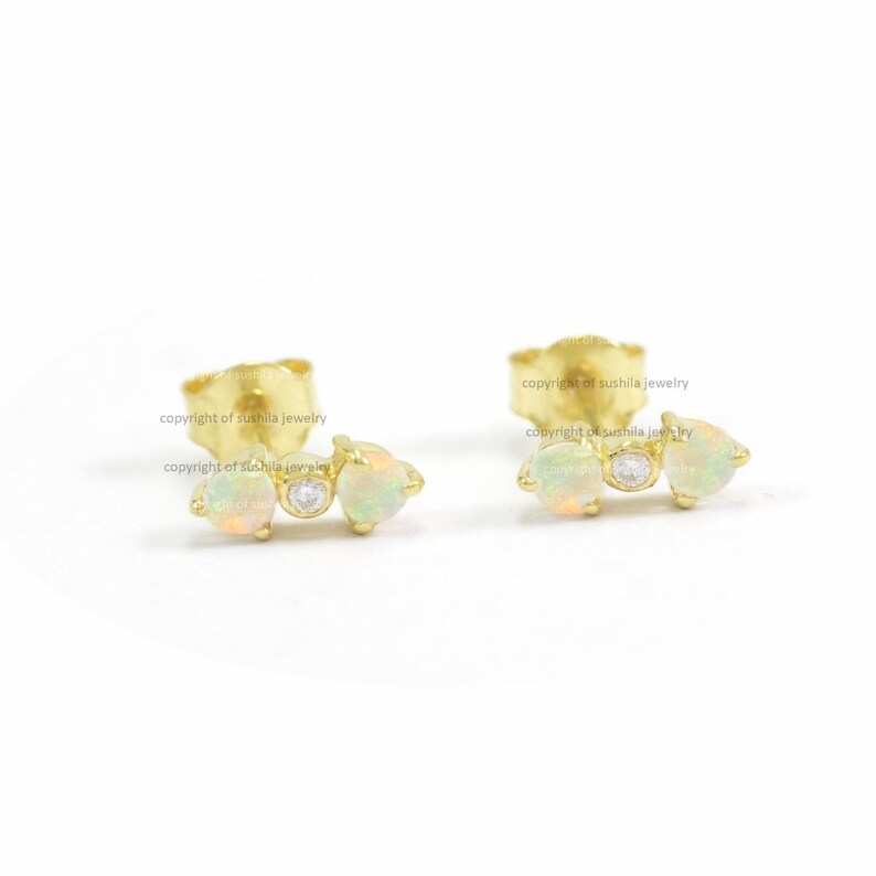 Genuine White Fire Opal & Diamond Stud Earrings in Handmade - Etsy