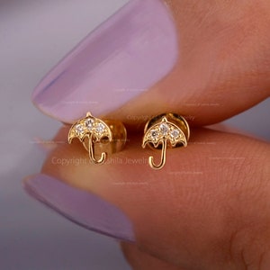 Small Umbrella Stud Earrings, 10K/ 14K/ 18K Solid Gold Studs, Tiny Umbrella Earrings, Minimalist ...