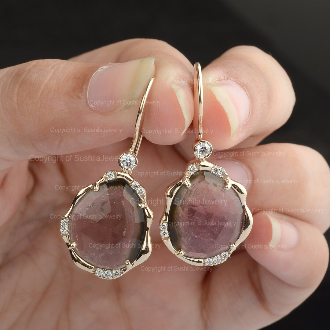 Cocktail Watermelon Tourmaline Gemstone & Diamond Unshaped - Etsy 日本