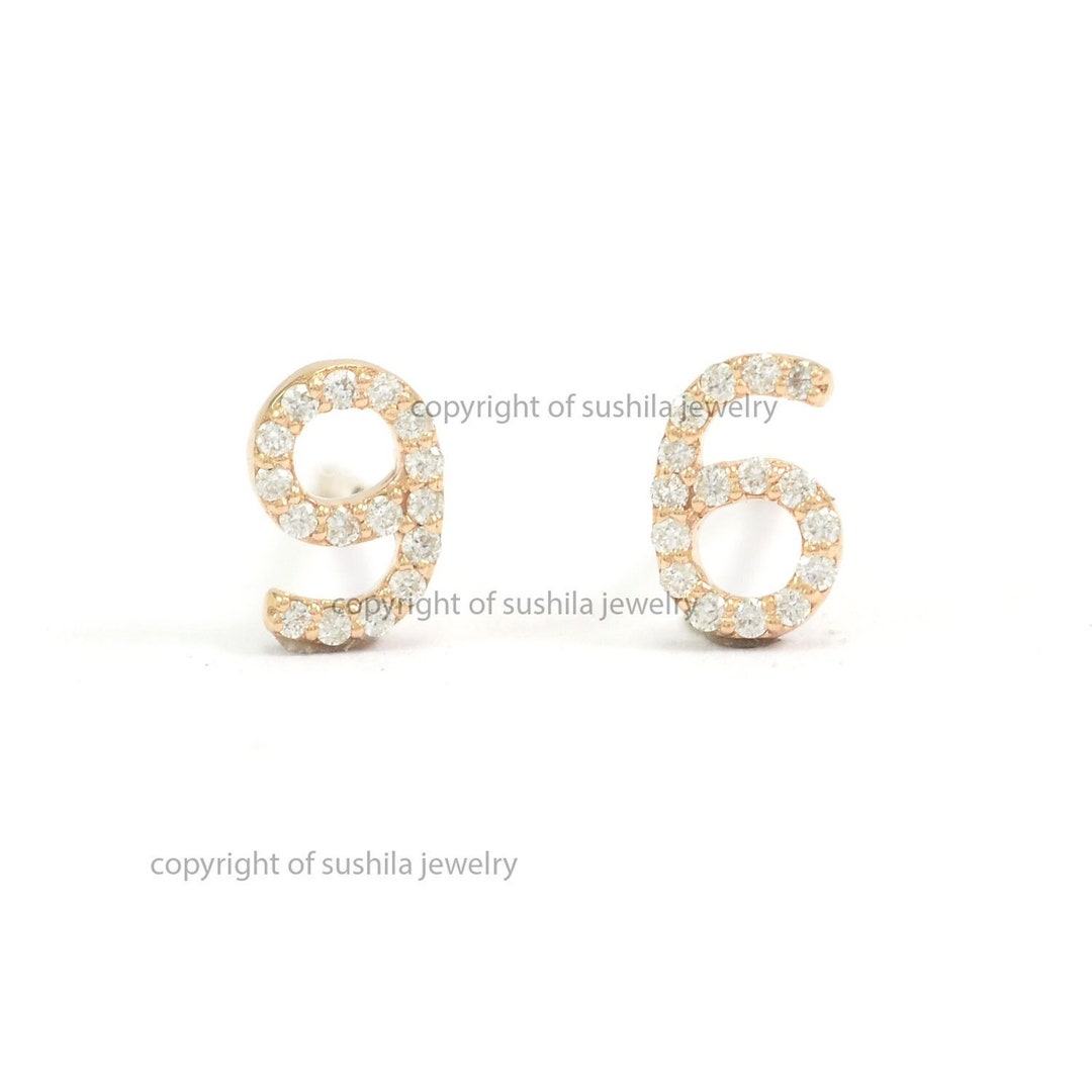 14K Gold Diamond Number Stud Earrings: Personalized Date Jewelry - Etsy