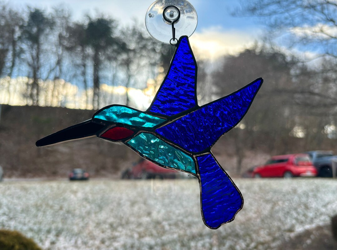 Stained Glass Cobalt Blue and Aqua Rippled Hummingbird Suncatcher ...