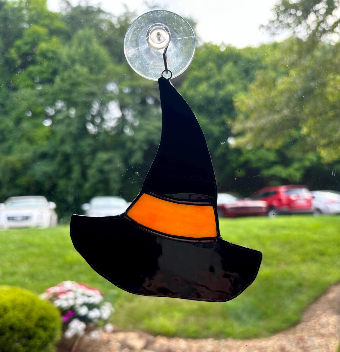 Stained Glass Black and Solid Orange Witches Hat Suncatcher, Halloween ...