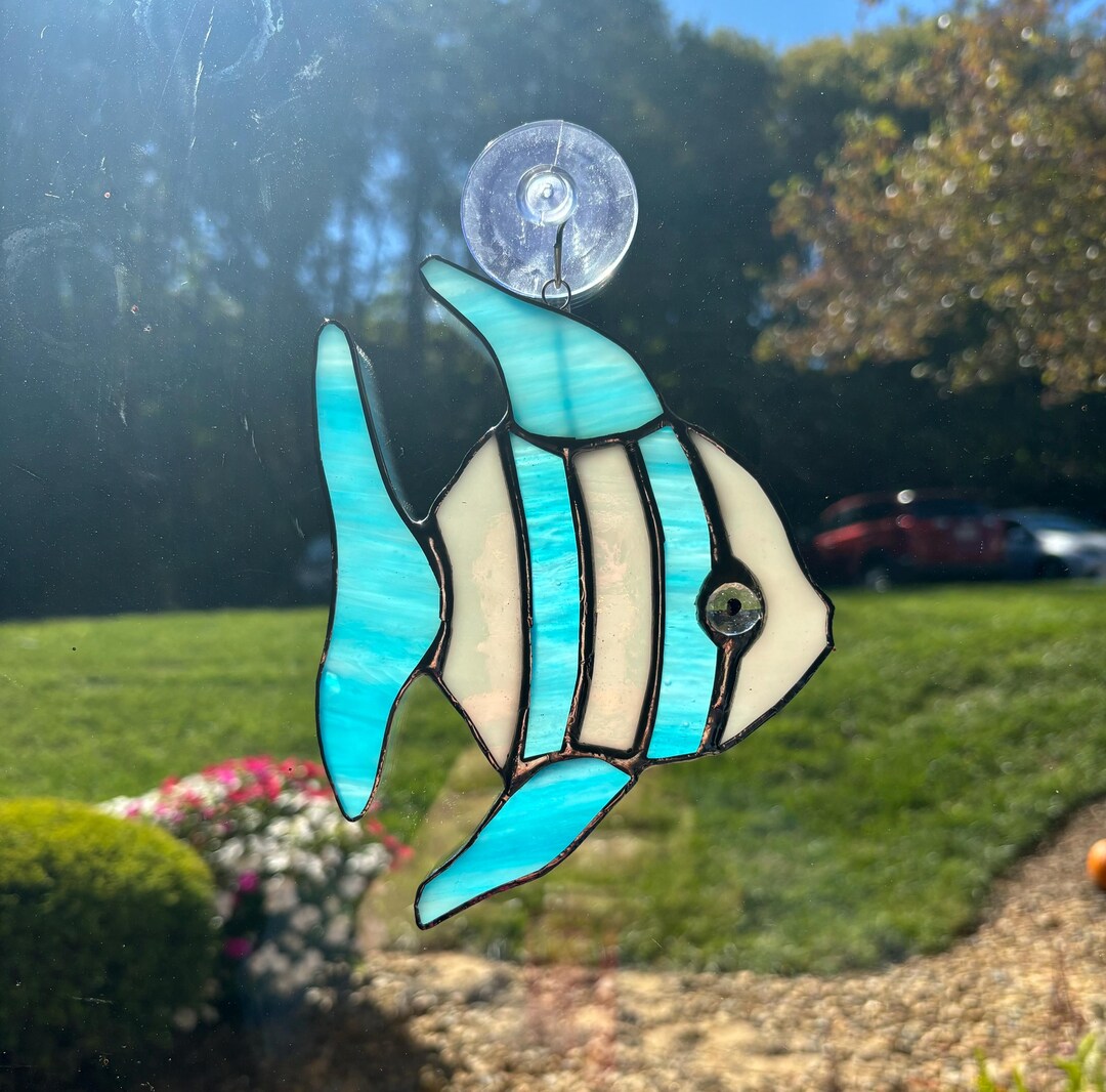 Stained Glass Angel Fish White Iridescent and Aqua Suncatcher, Tropical ...