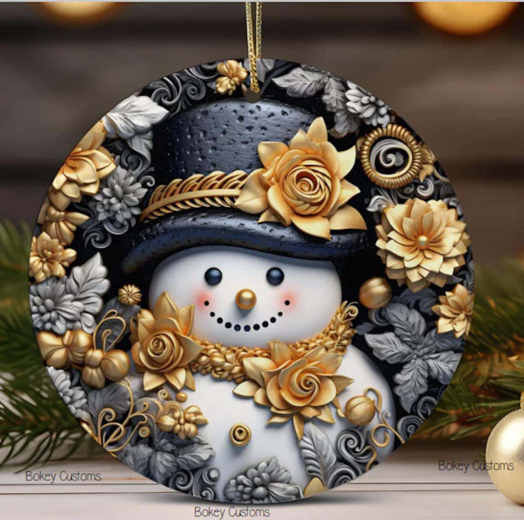 Snowman Ornament Christmas Gold Ornament Snowman Decor Round Ornaments ...