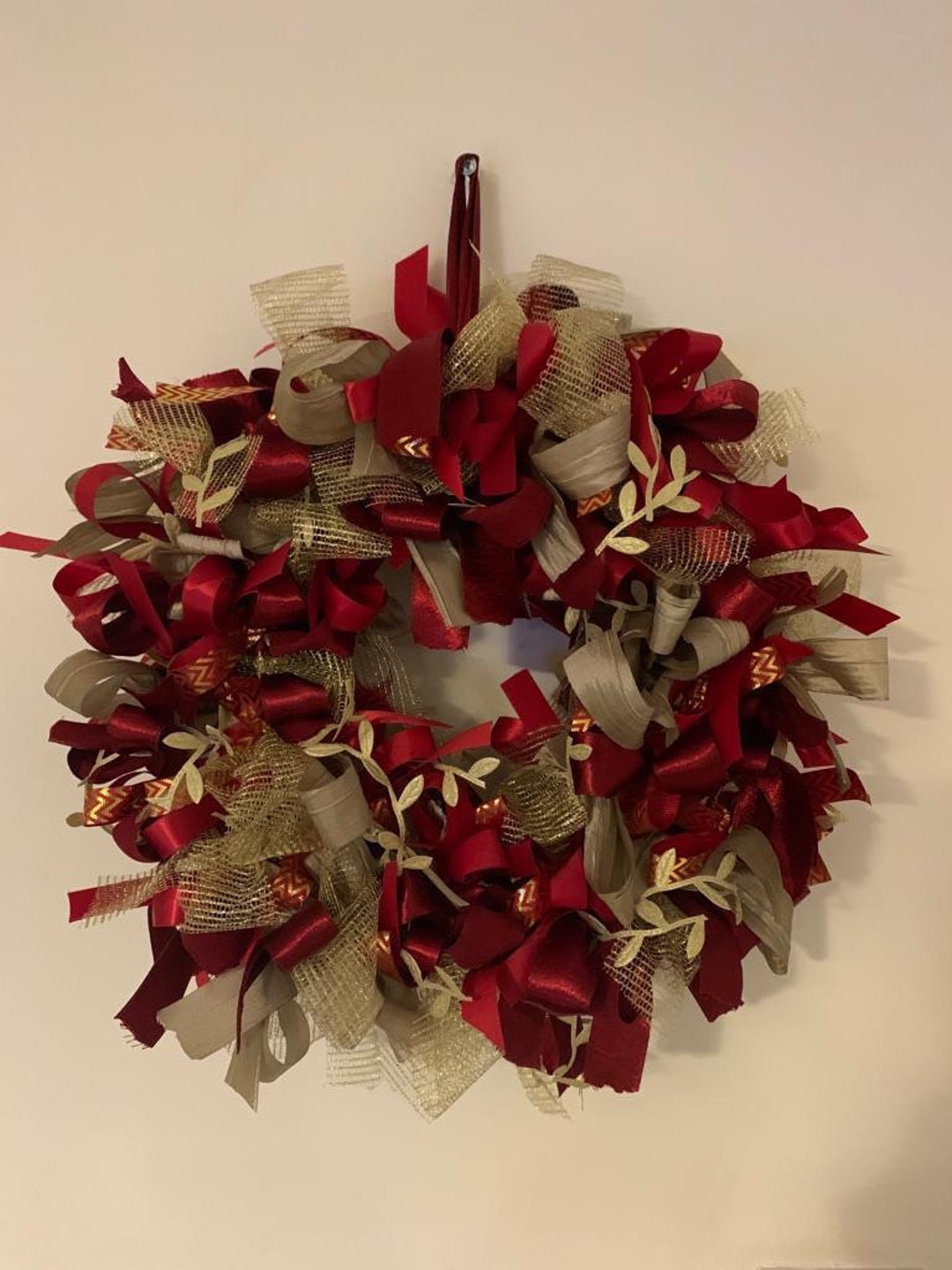 Hand Made Christmas Ribbon Wreath. 14 Inch Round Red and Gold - Etsy
