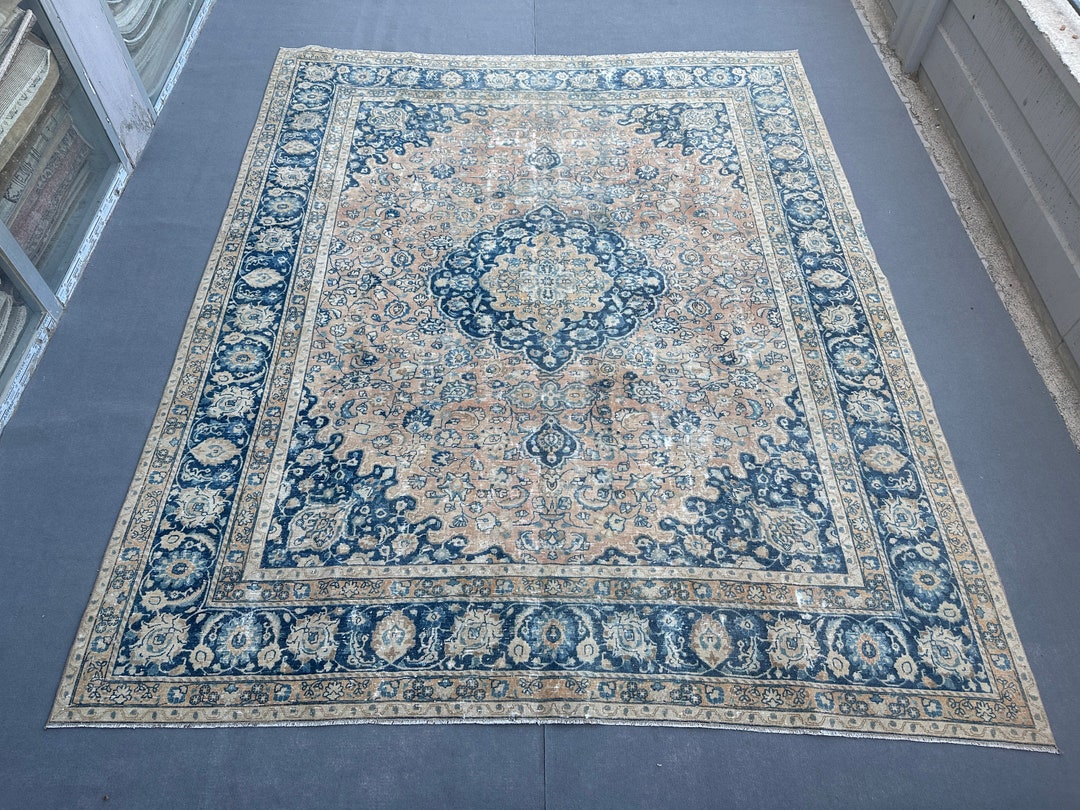 10x12 Vintage Area Rug Geometric Botanical Medallion Pastel Copper Blue ...