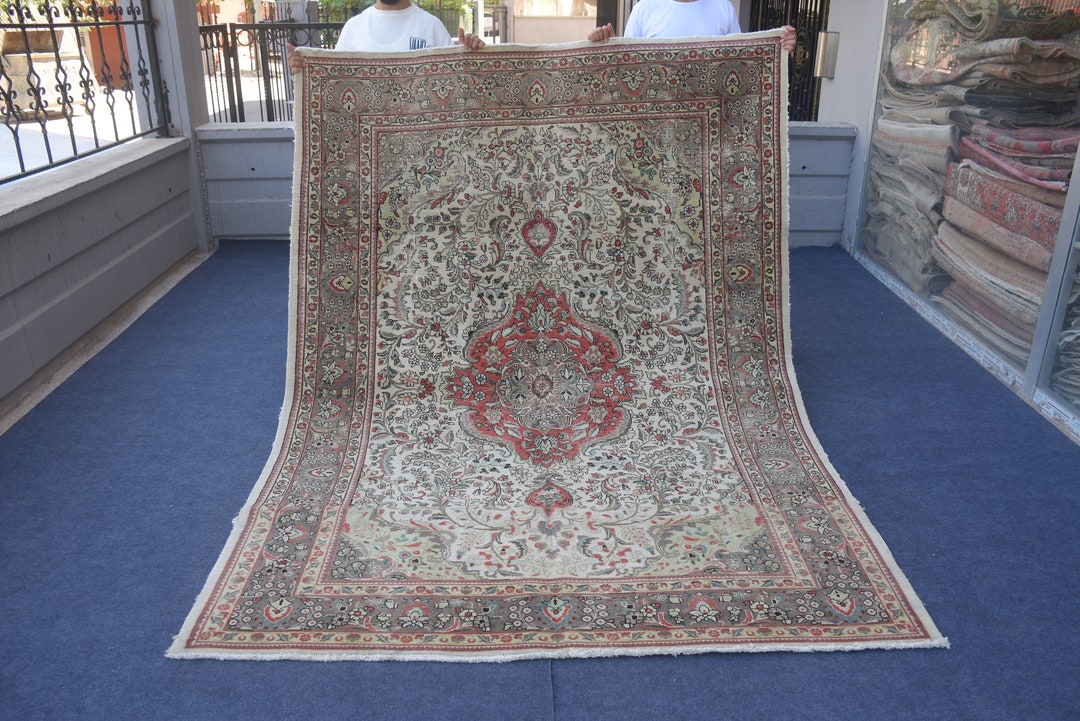 6x9 Wool Rug, Vintage Area Rug Floral Salmon Medallion White Brown Wool ...