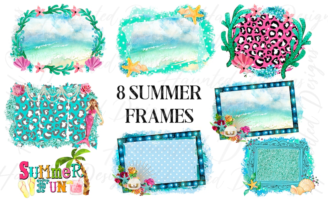 Summer Beach Clip Art Frame Design Bundle 8 Pngs Bundle PNG, Instant ...