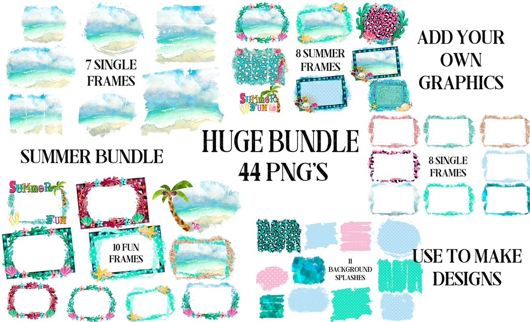 HUGE Beach Summer Clip Art Background Frame Design Bundle 44 Pngs ...