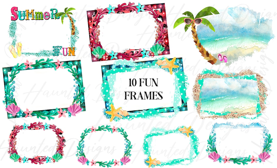 Summer Beach Clip Art Frame Design Bundle 10 Pngs Bundle PNG, Instant ...