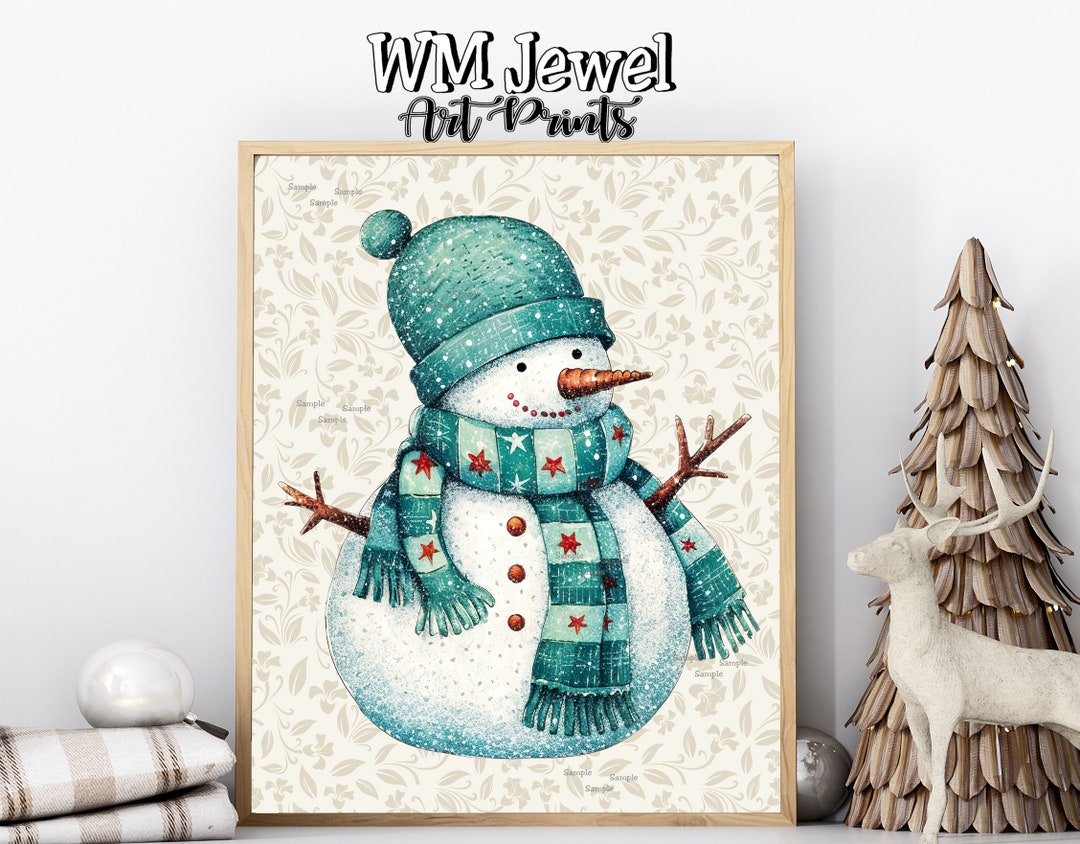 Snowman Decor Blue Snowman Wall Art Holiday Christmas Art - Etsy
