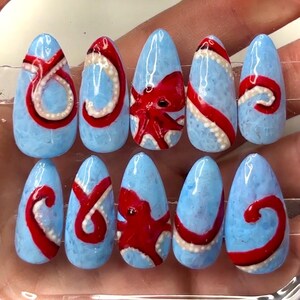 Ocean Octopus Press on Nails | Handpainted Marine Cruise Nail Set - Etsy