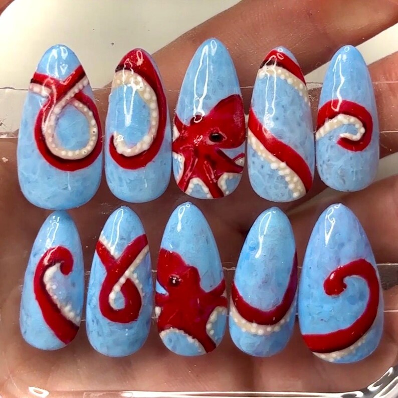 Ocean Octopus Press on Nails | Handpainted Marine Cruise Nail Set - Etsy