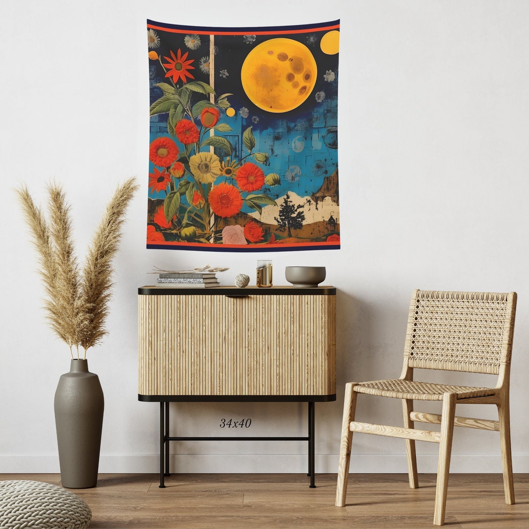 Retro Harvest Moon Tapestry: 90s Celestial Botanical Wall Art - Etsy UK