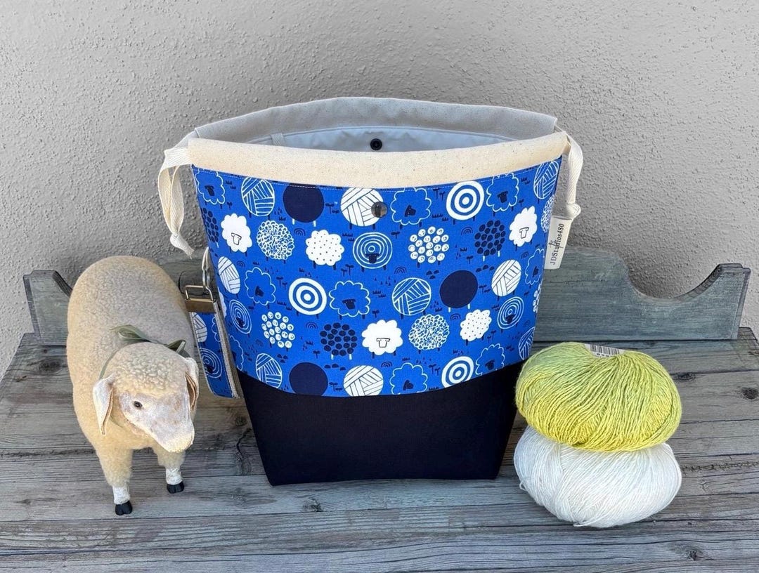 Extra Large Knitting Project Bag: Blue Sheep Yarn Balls, Drawstring ...