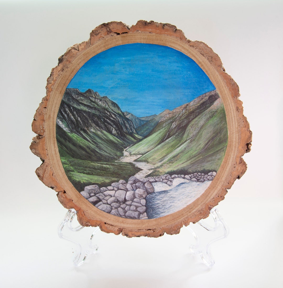 Large Hand-painted Log Slice, Valley Nature Scene, Camper Van Art ...