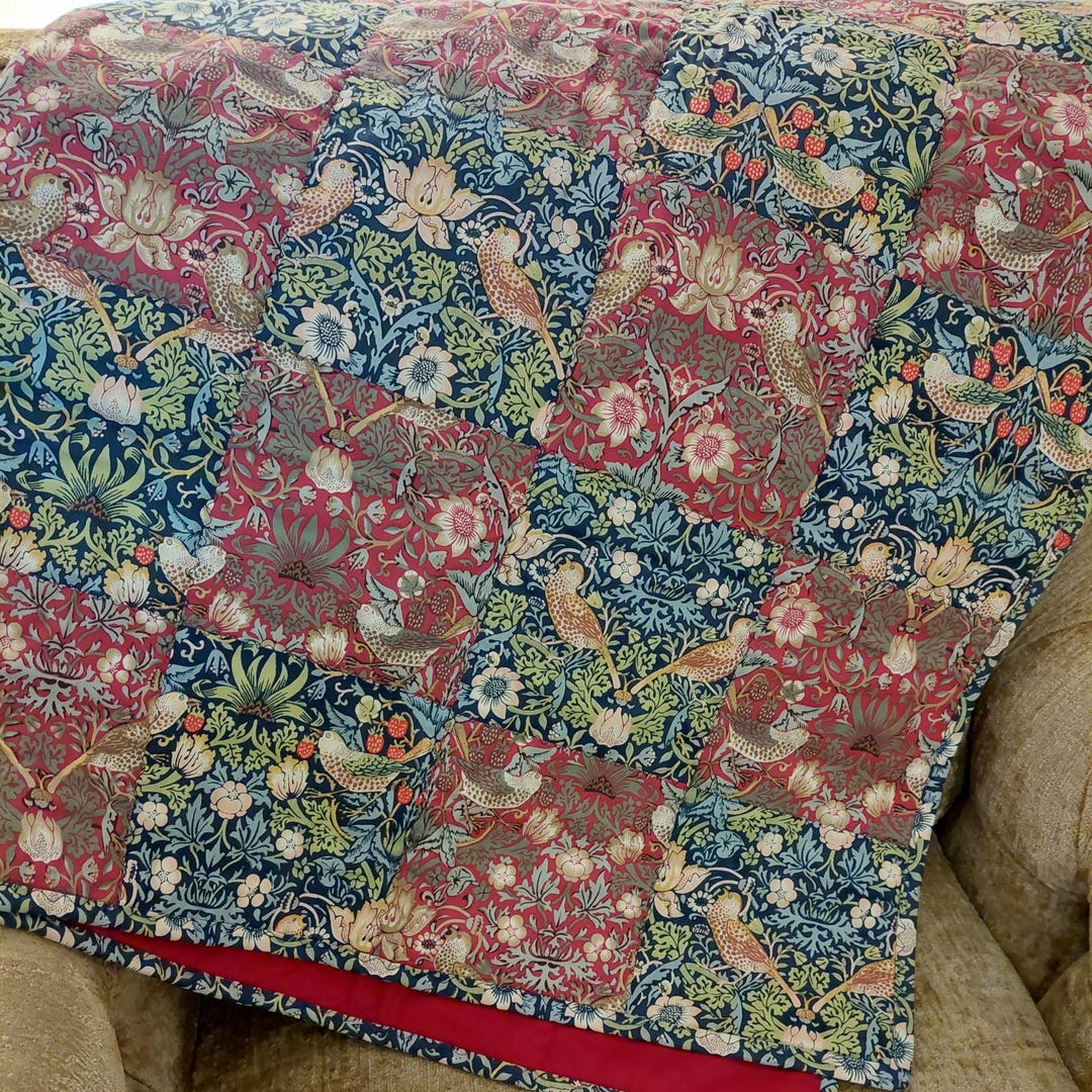 William Morris Strawberry Thief Quilt: Red & Blue Patchwork Throw - Etsy